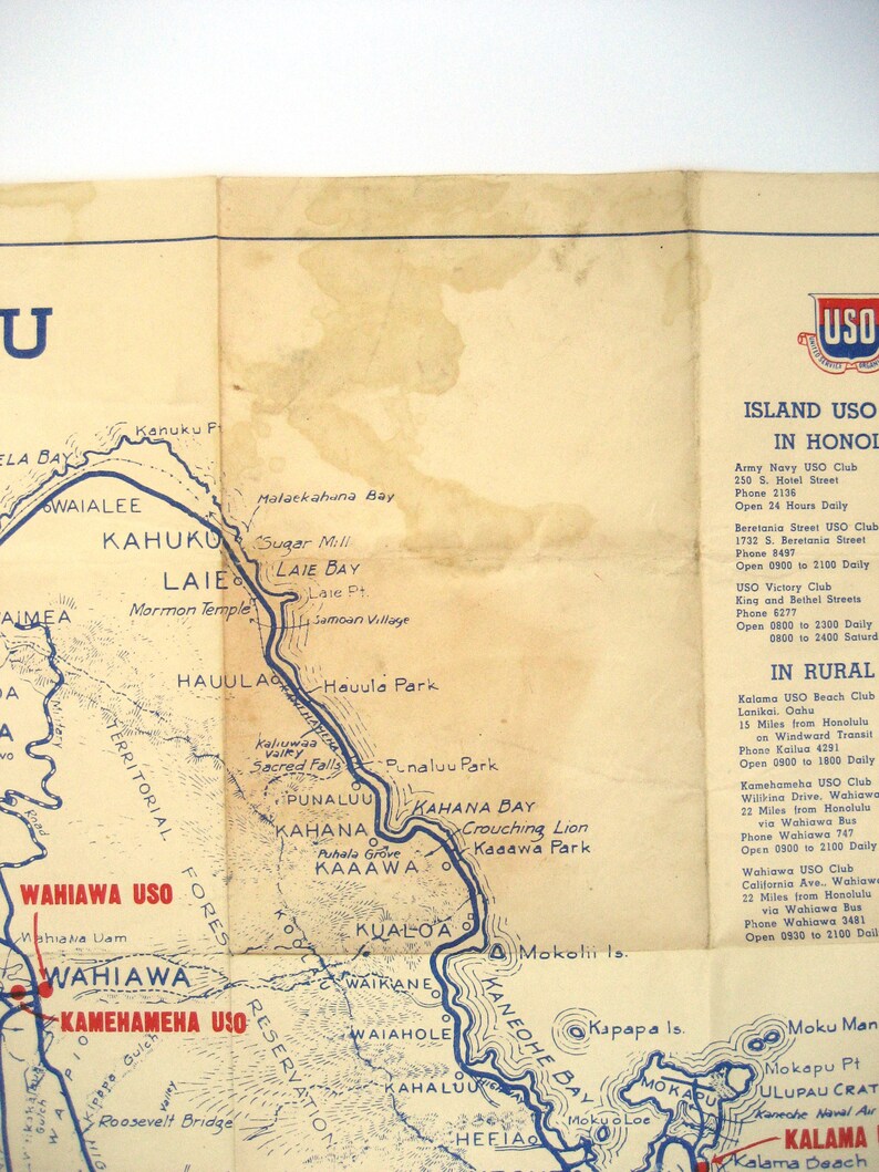 WWII USO Oahu Map. 1942? Island Clubs Leaflet . Territory of Hawaii. 14 ...