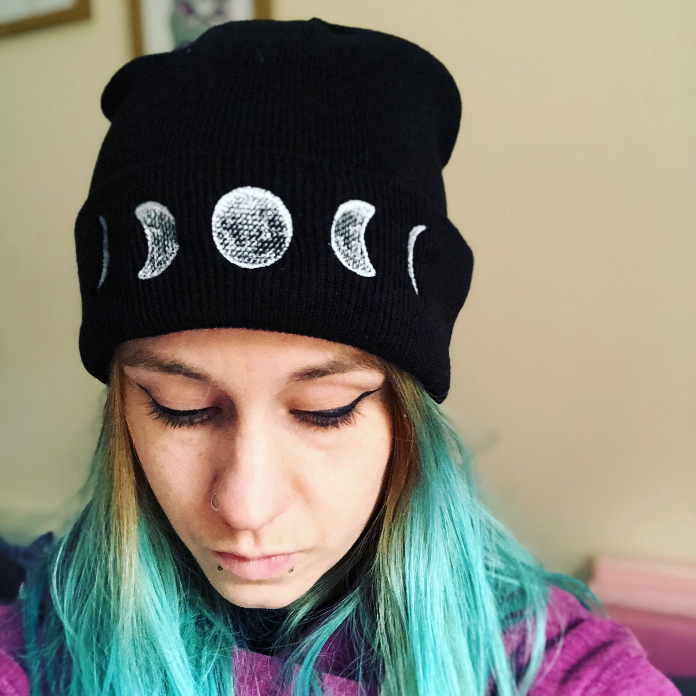 Moon Phases Embroidered Beanie, Adult Winter Hat, Cute Kawaii Aesthetic ...