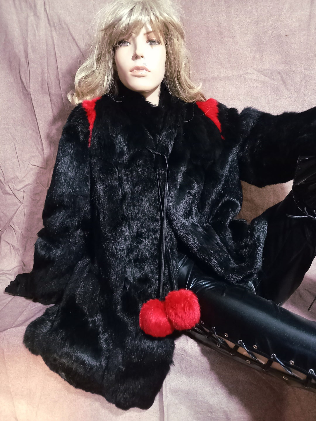 Real Fur Coat Jacket Jetblack Cony With Red Applications - Etsy