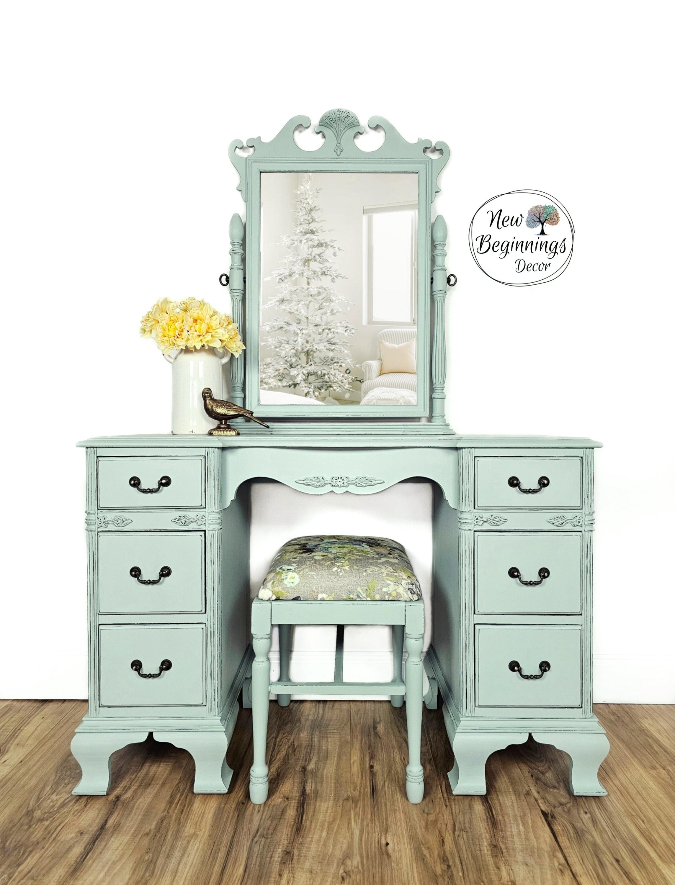 Painted Vintage Vanity With Bench and Mirror/makeup Vanity Set/desk ...