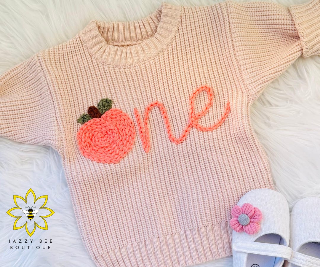 Sweet Peach Hand Embroidered First Birthday Sweater, Custom Baby ...