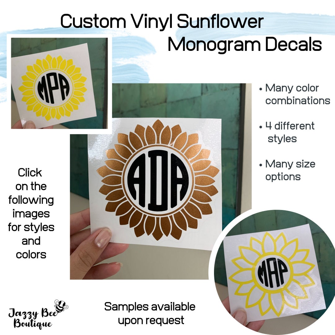 Sunflower Monogram Decal - Vinyl Sunflower Decal, Monogram Sticker ...
