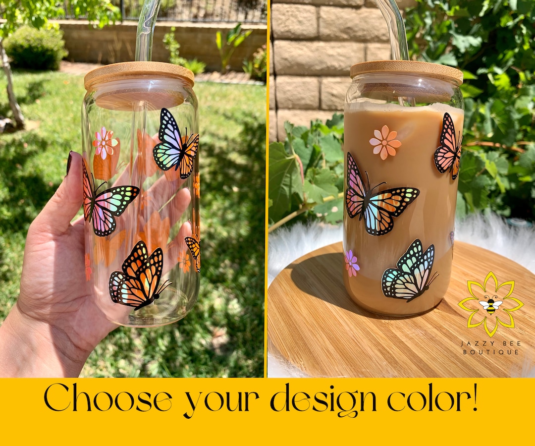 Butterflies and Flowers Glass Cup, Holographic Design Iced Coffee Glass ...