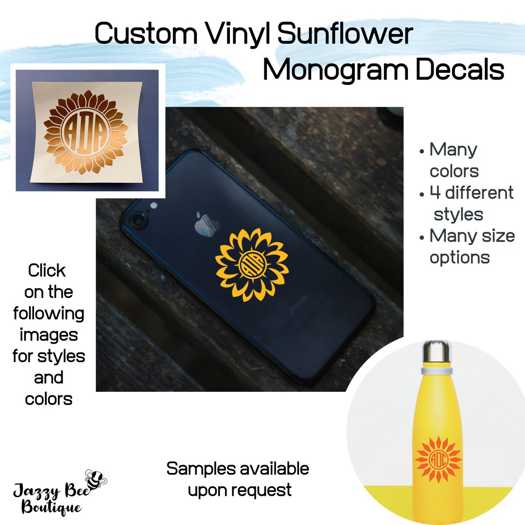 Sunflower Monogram Decal - Vinyl Sunflower Decal, Monogram Sticker ...