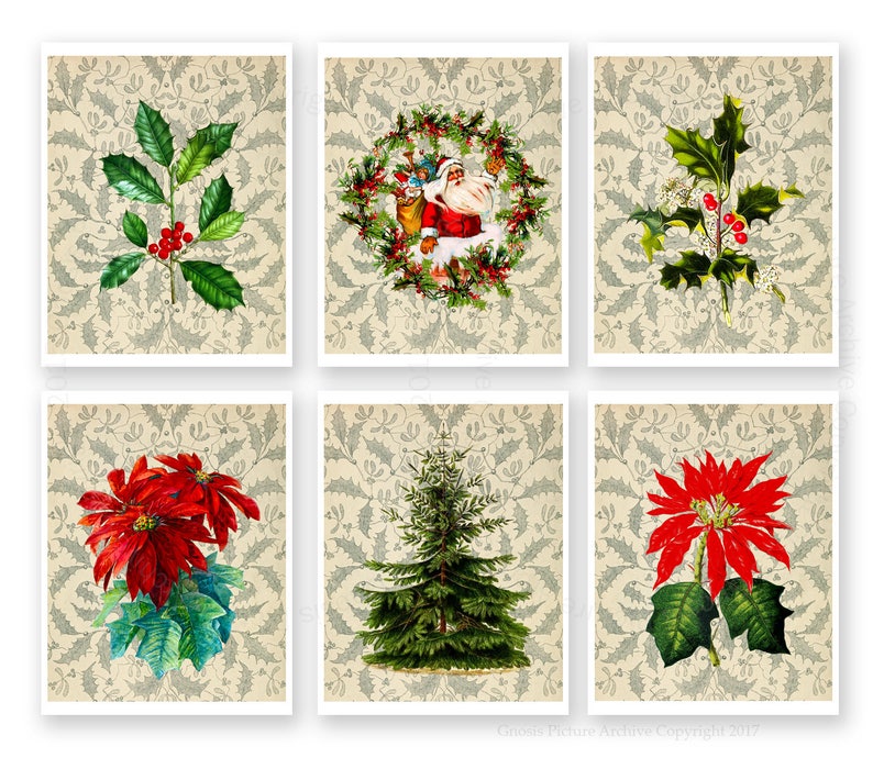 Christmas Decor Art Prints Set of 6 Unframed Christmas Wall Art, Holly ...