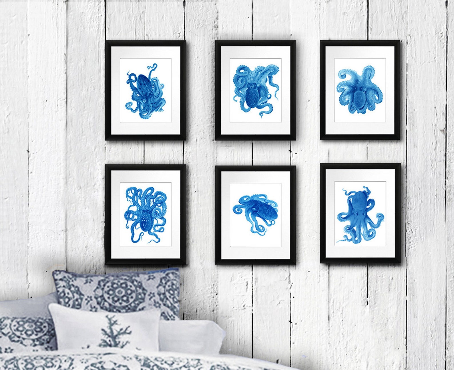 Blue Octopus Wall Decor Set of 6 Unframed Art Prints for - Etsy