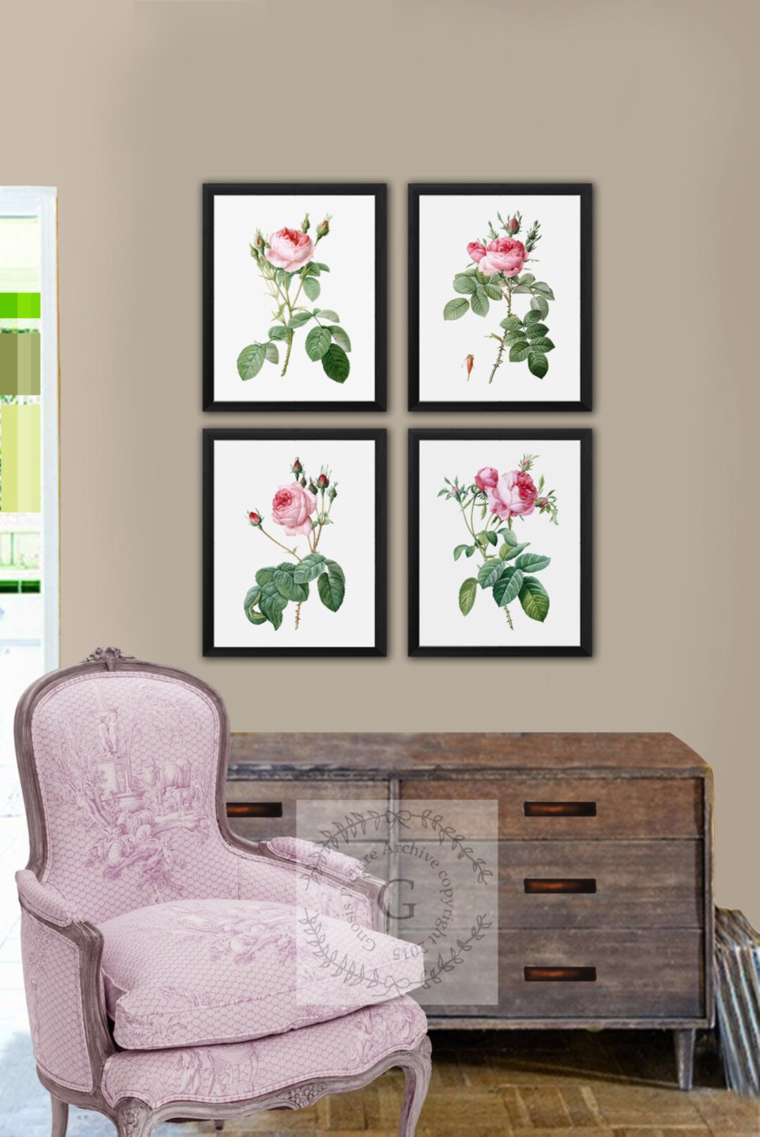 Rose Wall Art Decor Pink Roses Set of 4 Unframed Prints, Girls Nursery ...