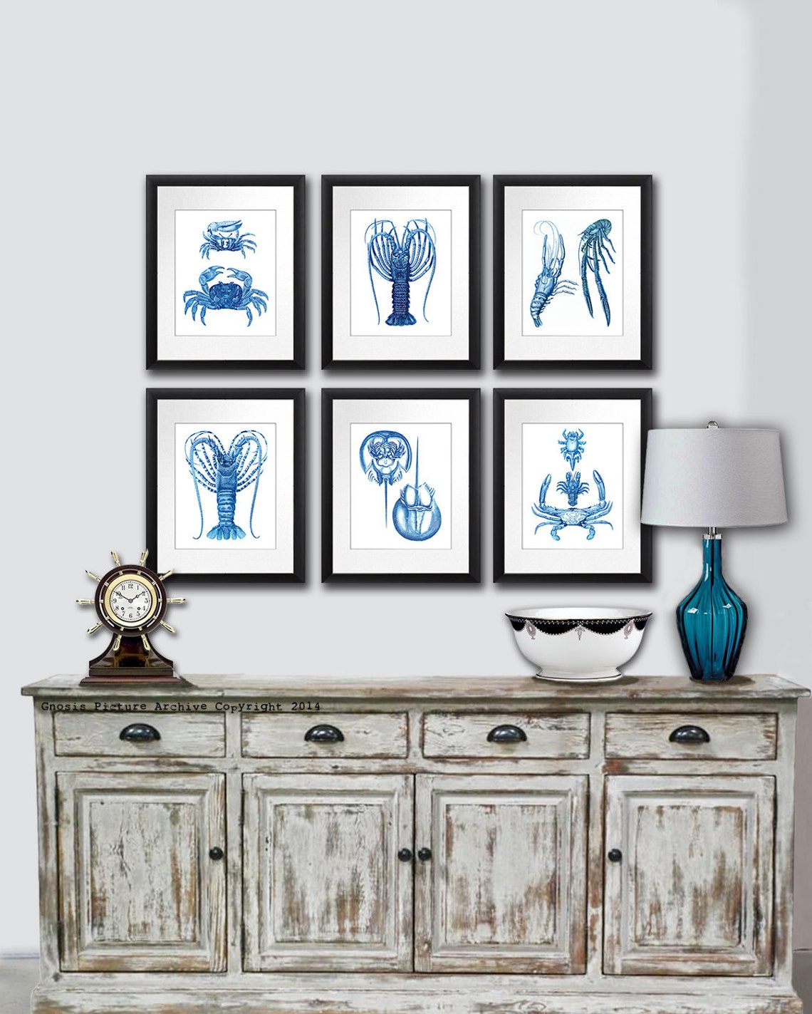 Kitchen Art Set of 12 Seafood Prints Blue Crabs, Lobsters, Prawns ...