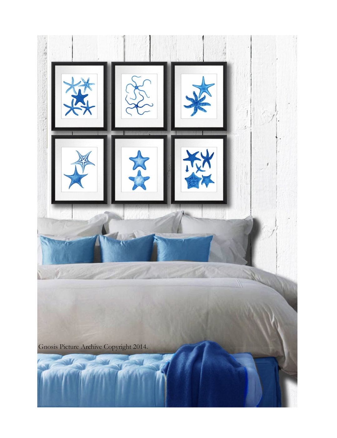 Beachy Art Blue Starfish Decor Set of 6 Unframed Etsy Wall Art - Etsy