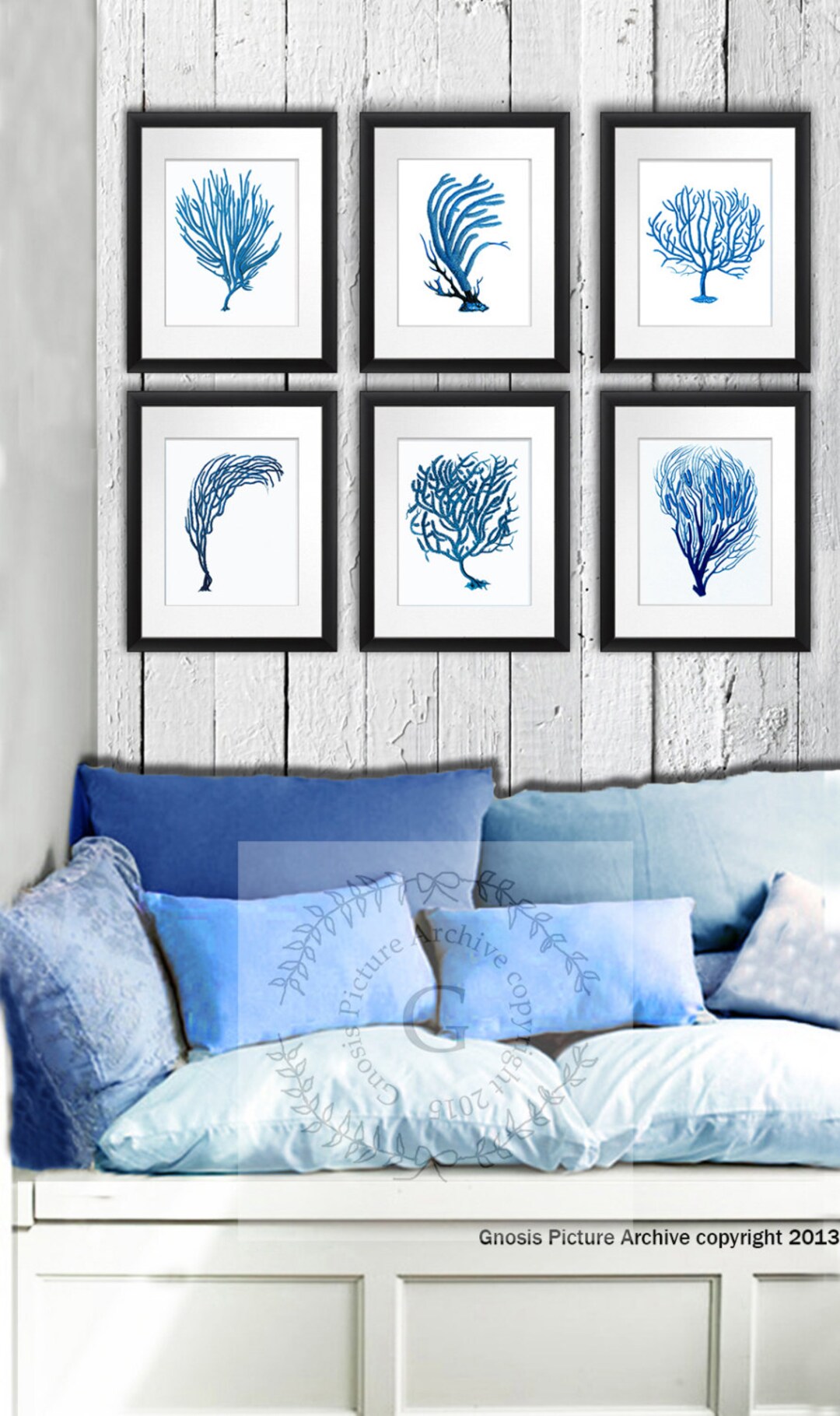 Sea Coral Decor Wall Art Prints Set of 6, Blue and White Sea Coral ...
