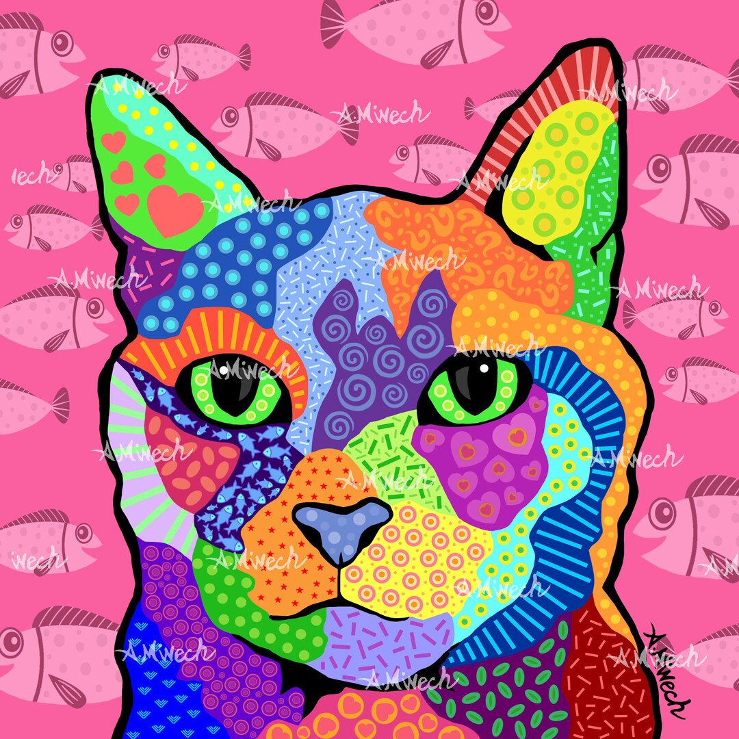 X Cat With Big Pink Fish Pop Art Print 8x8 - Etsy