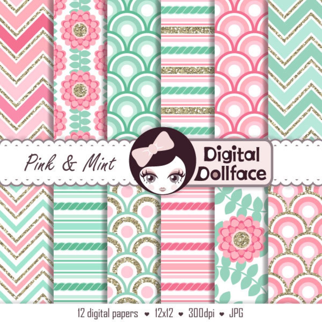 Pink and Mint Digital Paper Pack, Pink Mint and Gold Birthday ...
