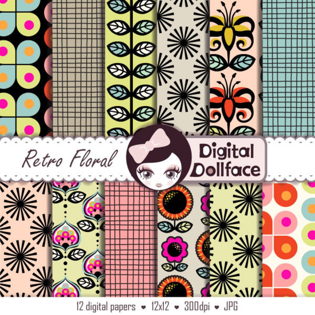 Retro Floral Digital Paper, Abstract Spring Floral Background Patterns ...