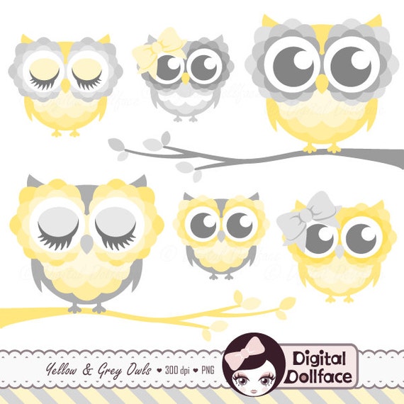 Nursery Owl Clip Art, Digital, Printable Grey and Yellow Owl Clipart ...