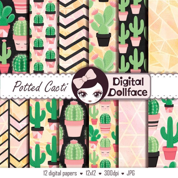 Potted Cactus Digital Paper, Geometric Succulent Digital Paper, Green ...