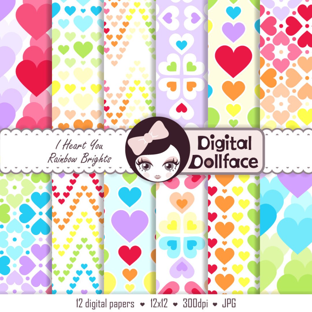 Rainbow Heart Digital Paper, Hearts Scrapbook Background Patterns ...