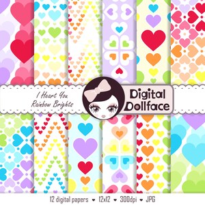 Rainbow Heart Digital Paper, Hearts Scrapbook Background Patterns ...