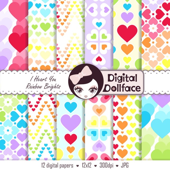 Rainbow Heart Digital Paper, Hearts Scrapbook Background Patterns ...
