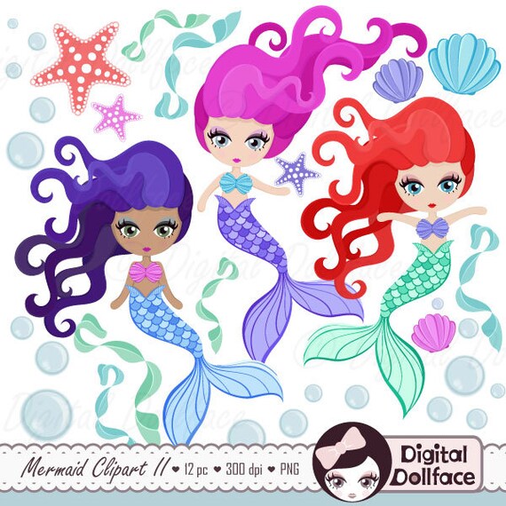 Cute Mermaid Clipart, Mermaid Party Printable, Scrapbook, Ocean Clip ...