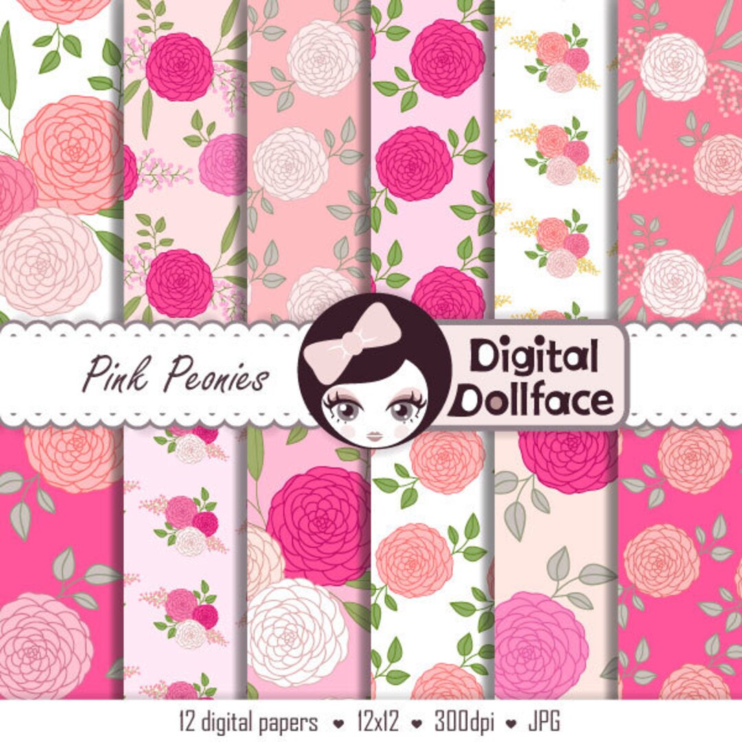 Pink Peonies Floral Digital Paper, Scrapbook Paper, Digital Printables ...
