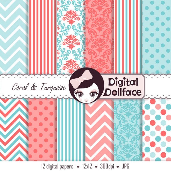 Coral and Turquoise Digital Paper, Chevron, Damask Scrapbook Paper by ...