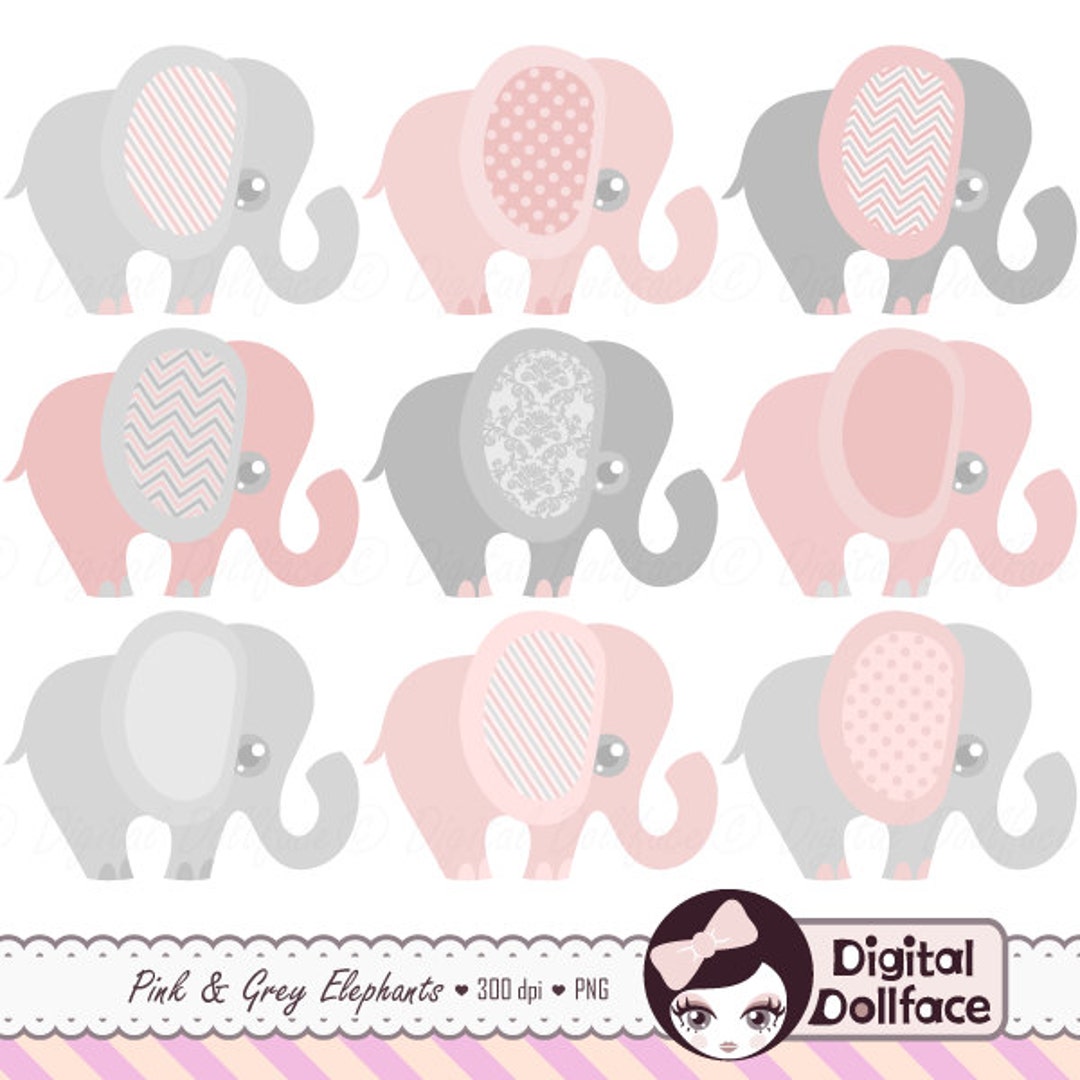 Pink and Grey Elephant Clipart, Baby Girl Clip Art Set, Commercial Use ...