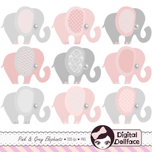 Pink and Grey Elephant Clipart, Baby Girl Clip Art Set, Commercial Use ...