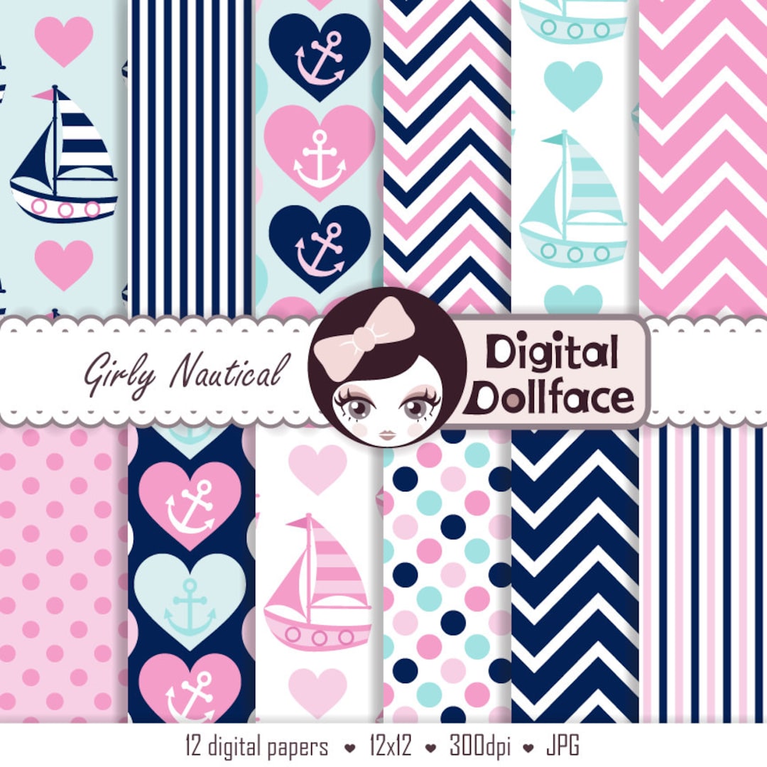 Nautical Baby Shower Digital Paper, Girl Scrapbook, Pink, Blue & Aqua ...