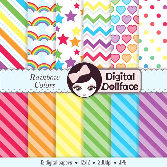 Rainbow Digital Paper, Instant Download Scrapbook Paper, Chevron, Heart ...