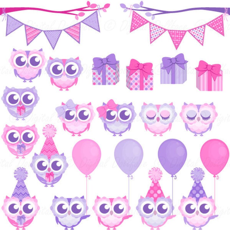 Pink and Purple Owl Birthday Clip Art Owl Birthday Girl - Etsy