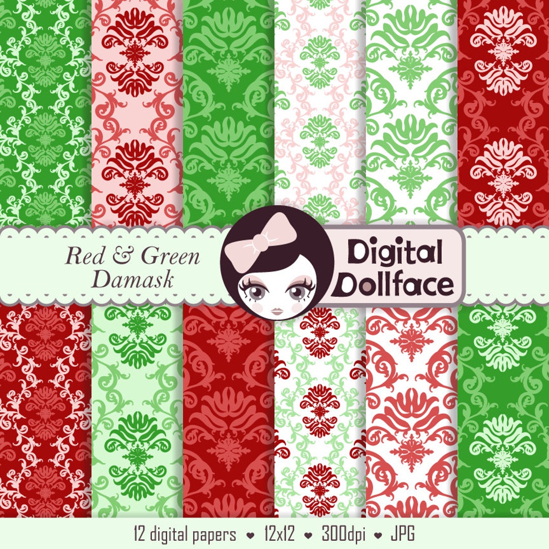 Red and Green Damask Digital Paper, Printable Gift Wrap, Christmas ...