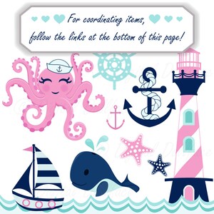 Nautical Baby Shower Digital Paper, Girl Scrapbook, Pink, Blue & Aqua ...