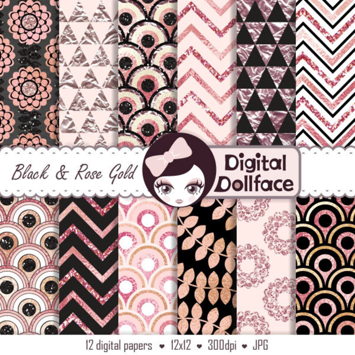 Rose Gold and Black Digital Paper Download Pink & Black - Etsy