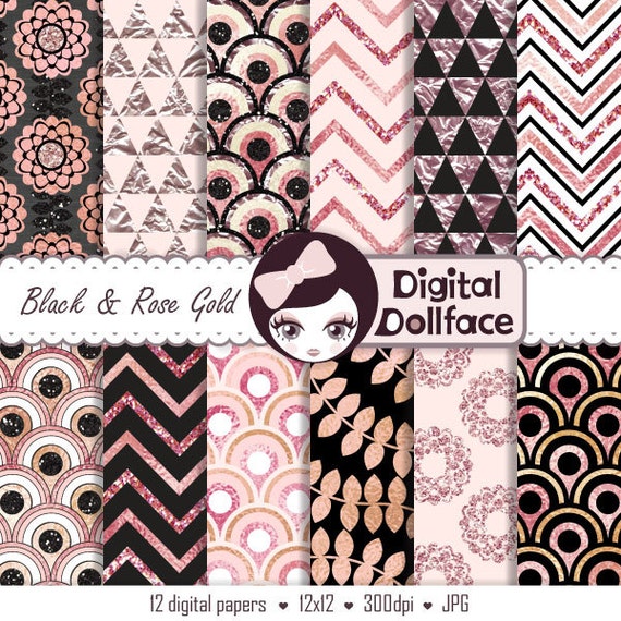 Rose Gold and Black Digital Paper Download, Pink & Black Party, Foil ...