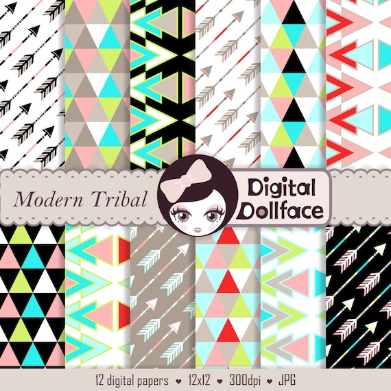 Modern Tribal Digital Paper, Arrows, Triangles, Neon Geometric, Aztec ...