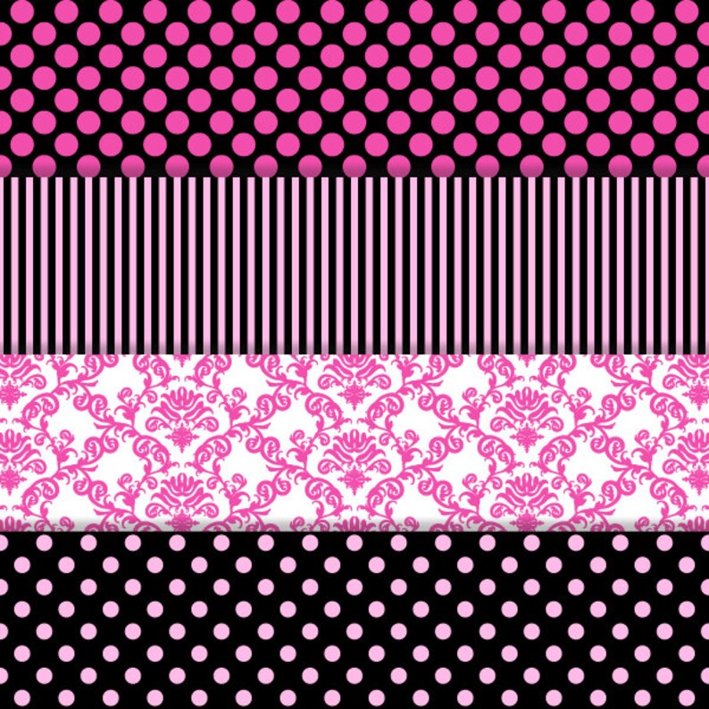 Pink and Black Digital Paper Chevron Damask Stripe Polka - Etsy