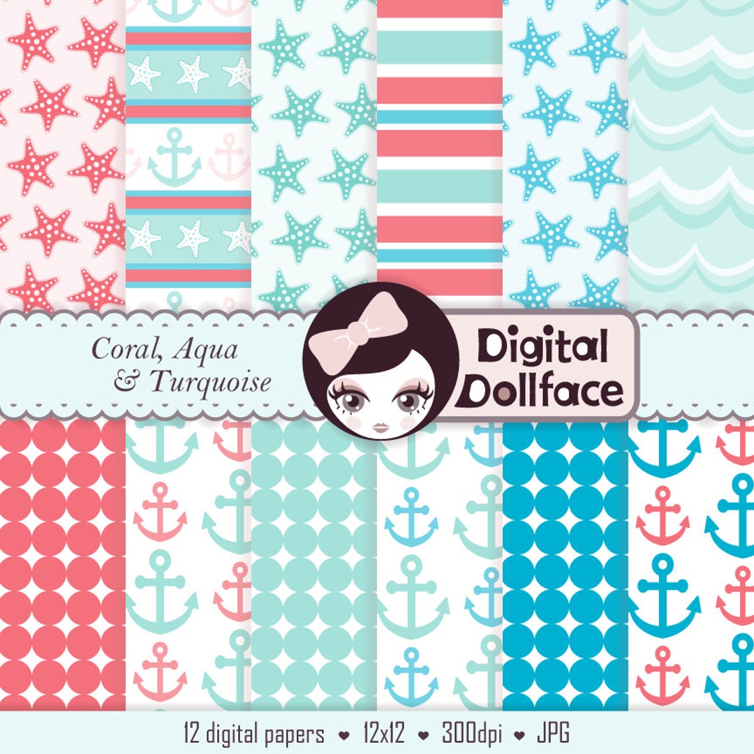 Beach Digital Paper, Coral, Aqua, Turquoise, Summer Scrapbook, Starfish ...