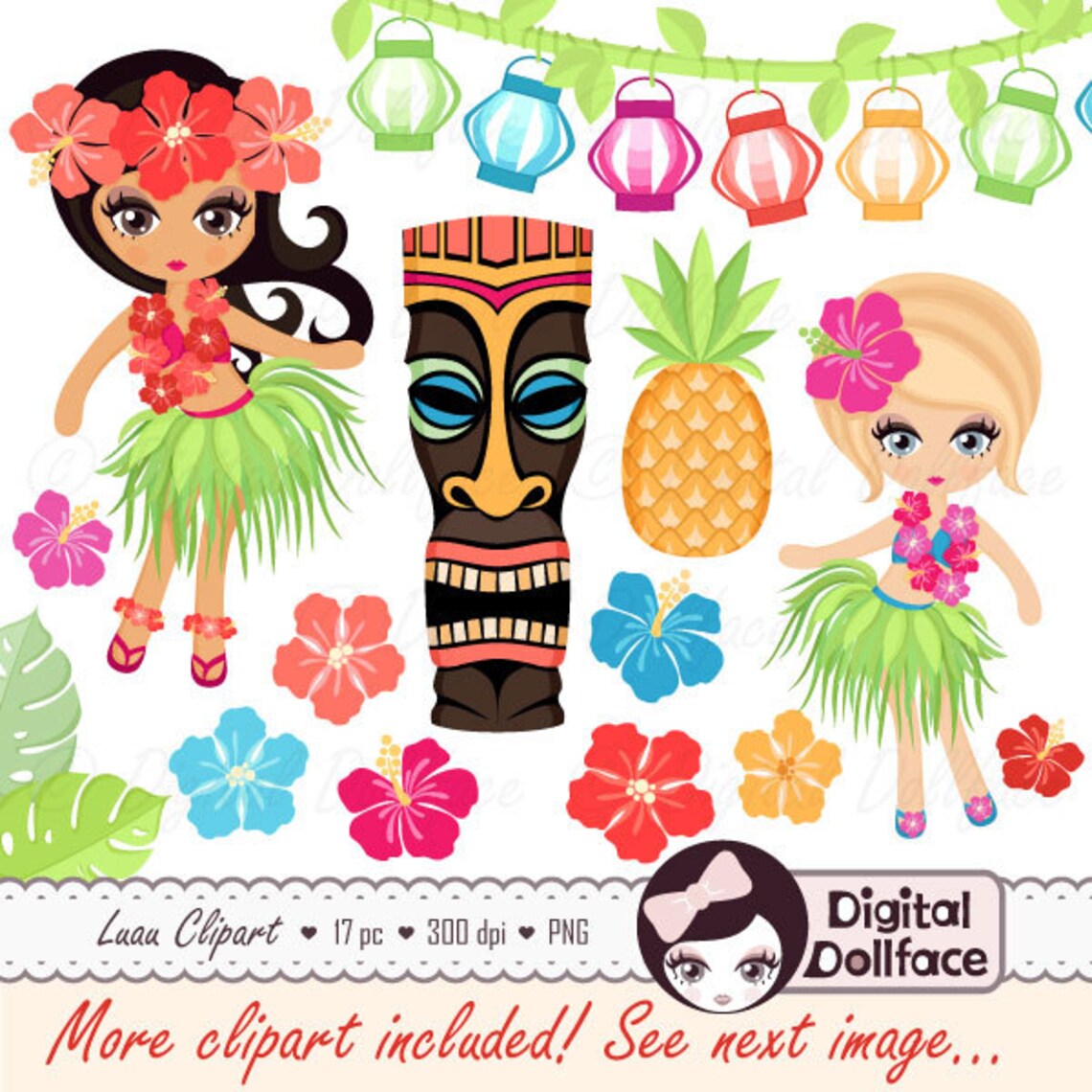 Hawaiian Luau Clipart / Hula Girl Hibiscus Tiki Clip Art - Etsy