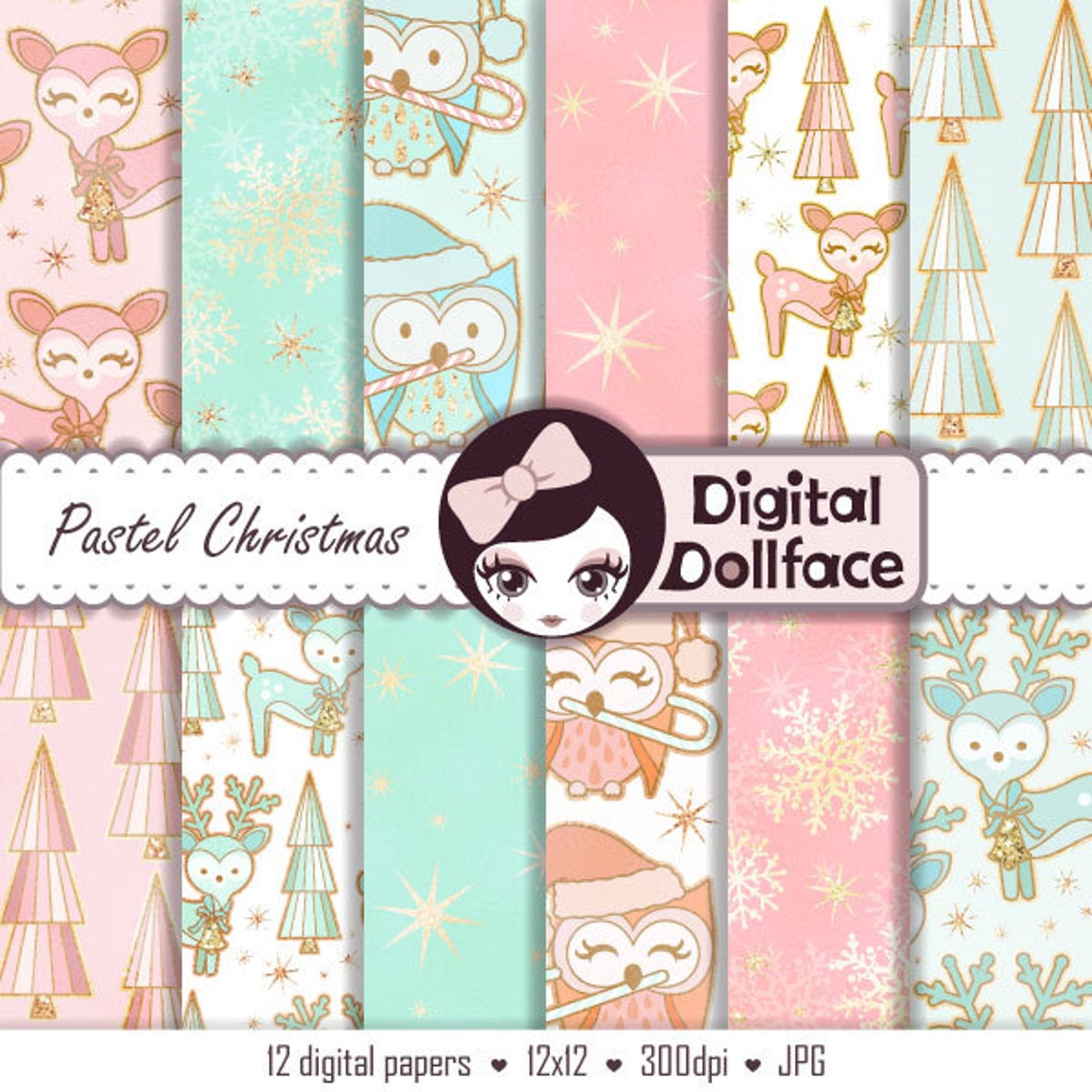 Pastel Christmas Digital Paper: Christmas Deer & Owl Patterns - Etsy