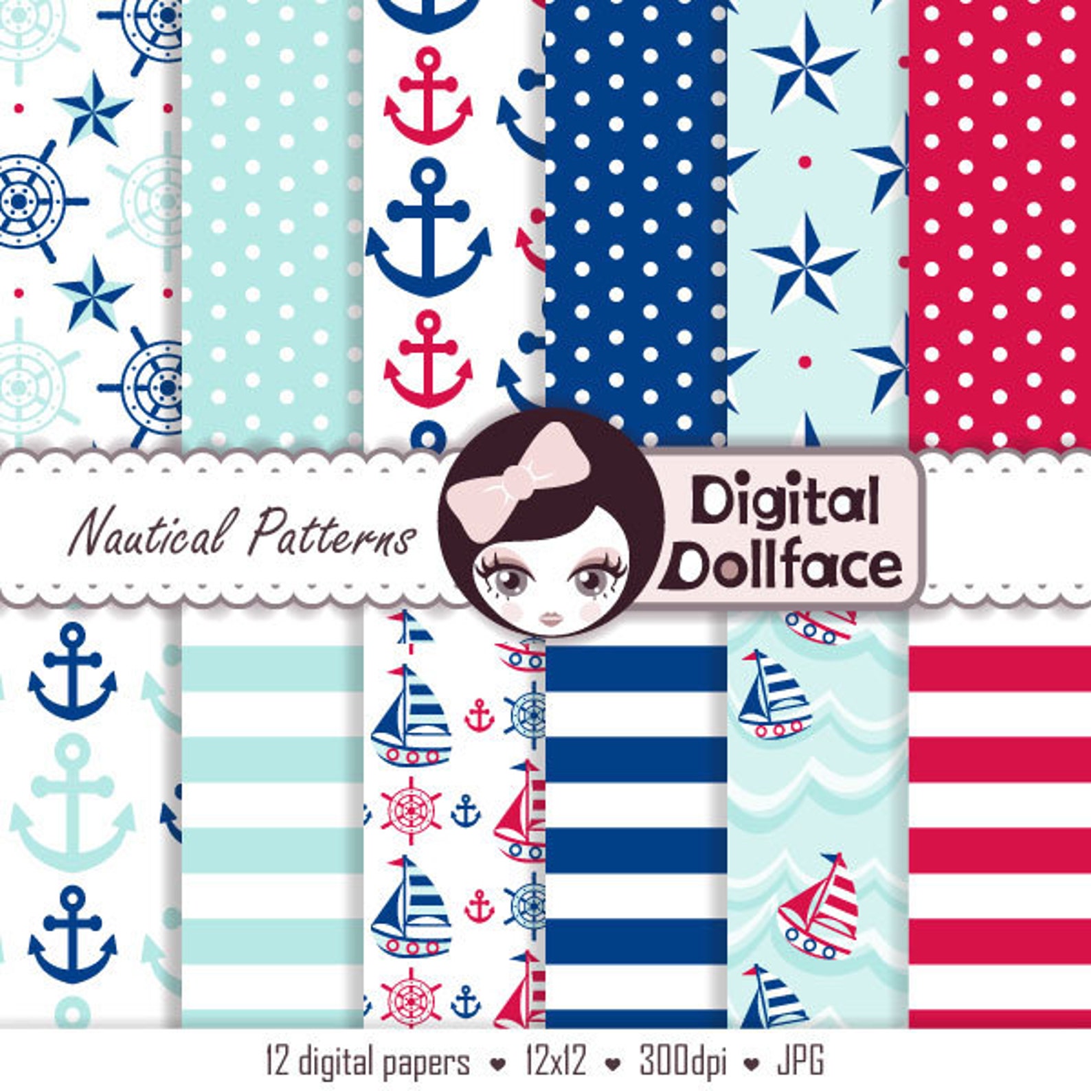 Nautical Digital Paper Nautical Sea Anchor Red and Aqua - Etsy