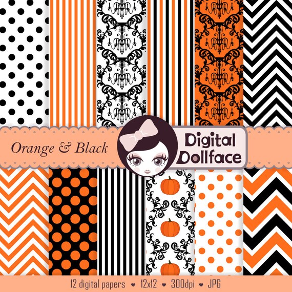 Halloween Digital Paper, Orange and Black Chevron, Damask, Polka Dots ...