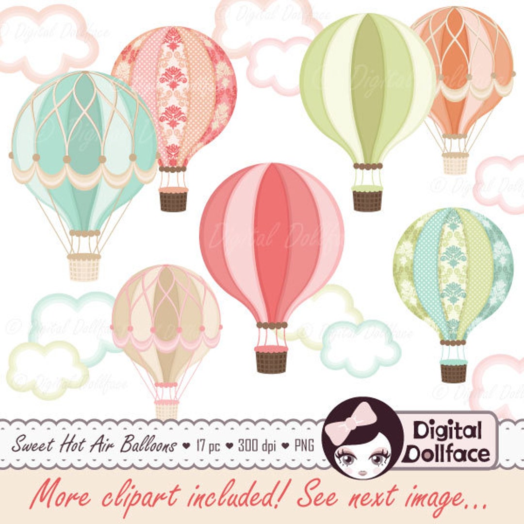 Digital Hot Air Balloon Clipart, Hot Air Balloon Party Printable, Clip ...