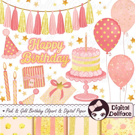 Pink and Gold 1st Birthday Clipart and Papers / Happy Birthday Clip Art ...