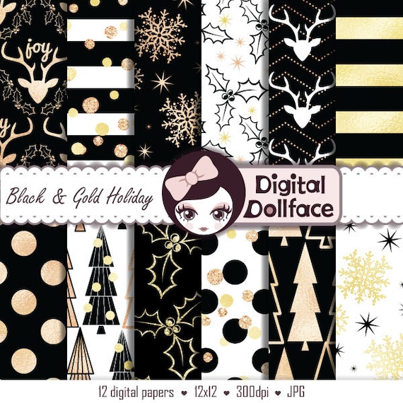 Black and Gold Christmas Digital Paper / Black and White, Rose Gold ...
