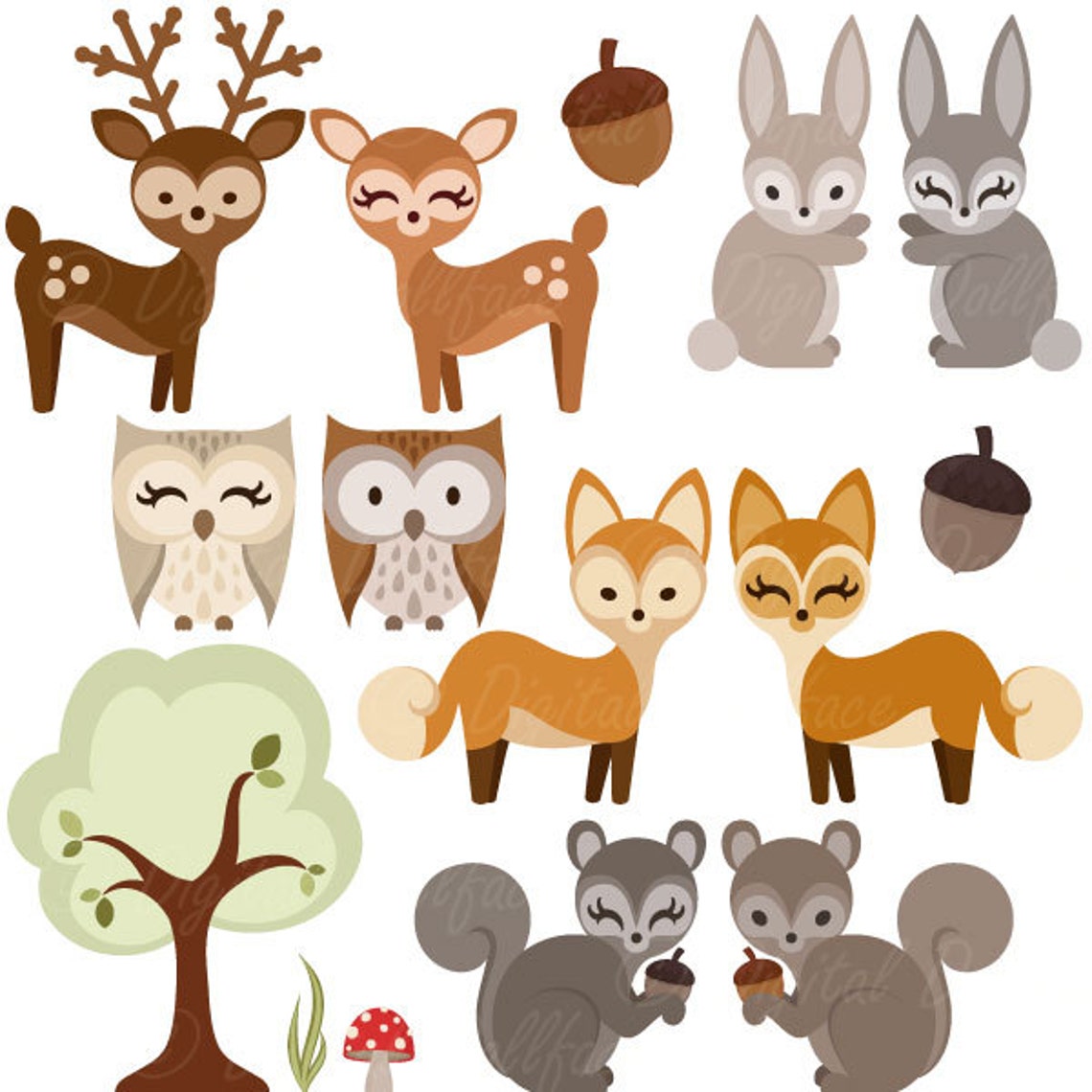 Woodland Forest Animal Clipart Owl Deer Fox Squirrel - Etsy Australia