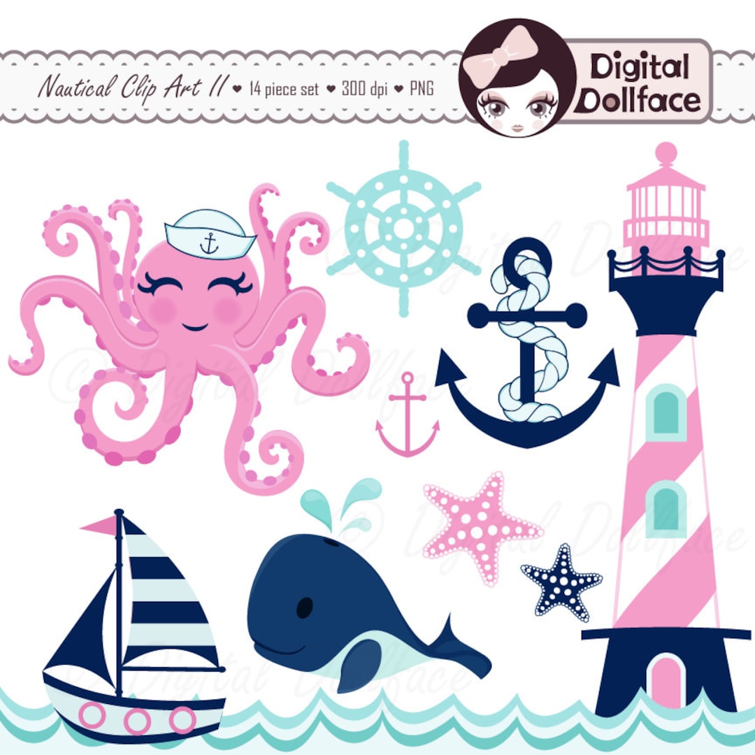Pink Nautical Clip Art, Girl, Whale, Octopus, Starfish, Anchor Clipart ...