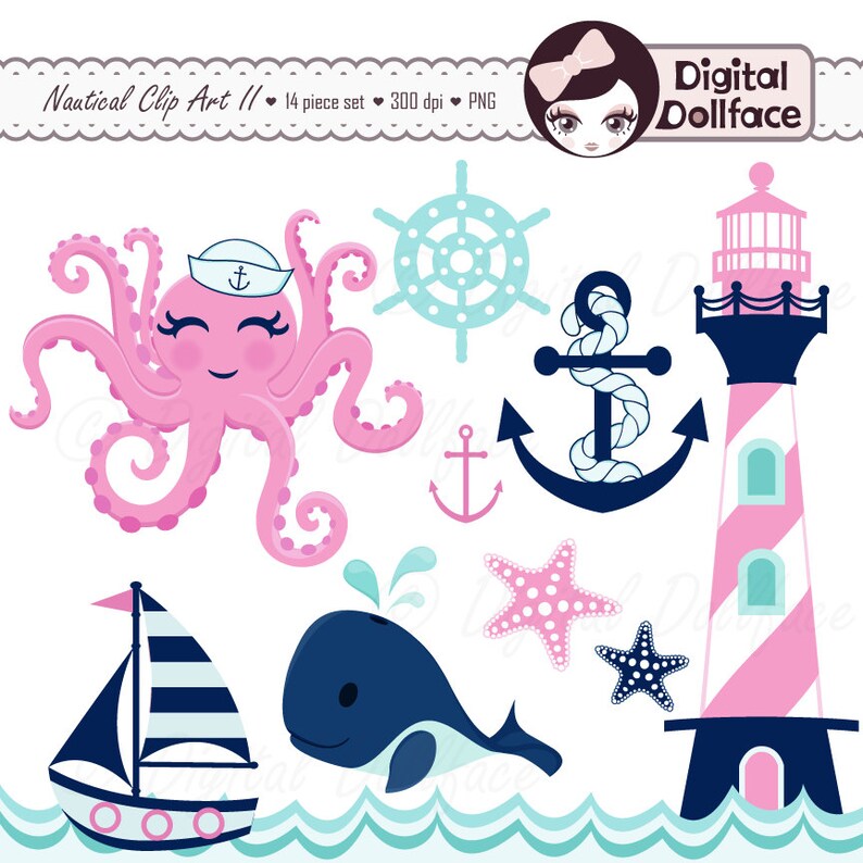 Pink Nautical Clip Art Girl Whale Octopus Starfish Anchor - Etsy