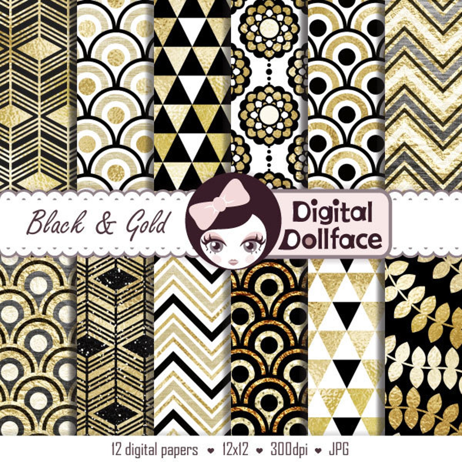 Black and Gold Digital Paper Gold Foil Wedding Digital Paper | Etsy