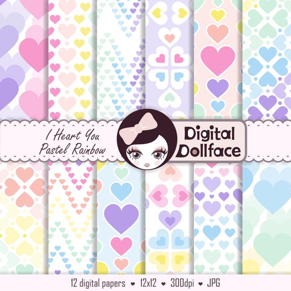 Heart Digital Paper, Pastel Rainbow Background, Digital Craft Paper ...