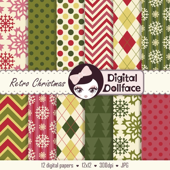 Retro Christmas Digital Paper. Red and Green, Holiday Scrapbook Paper ...